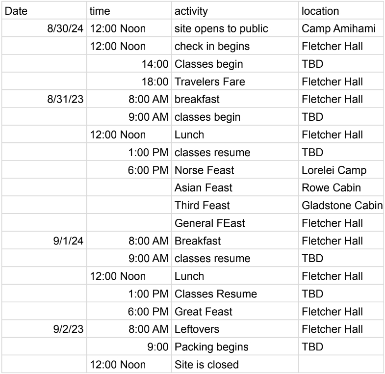 Schedule - Known World Cooks and Bards 2024