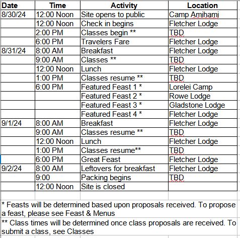 Schedule - Known World Cooks and Bards 2024